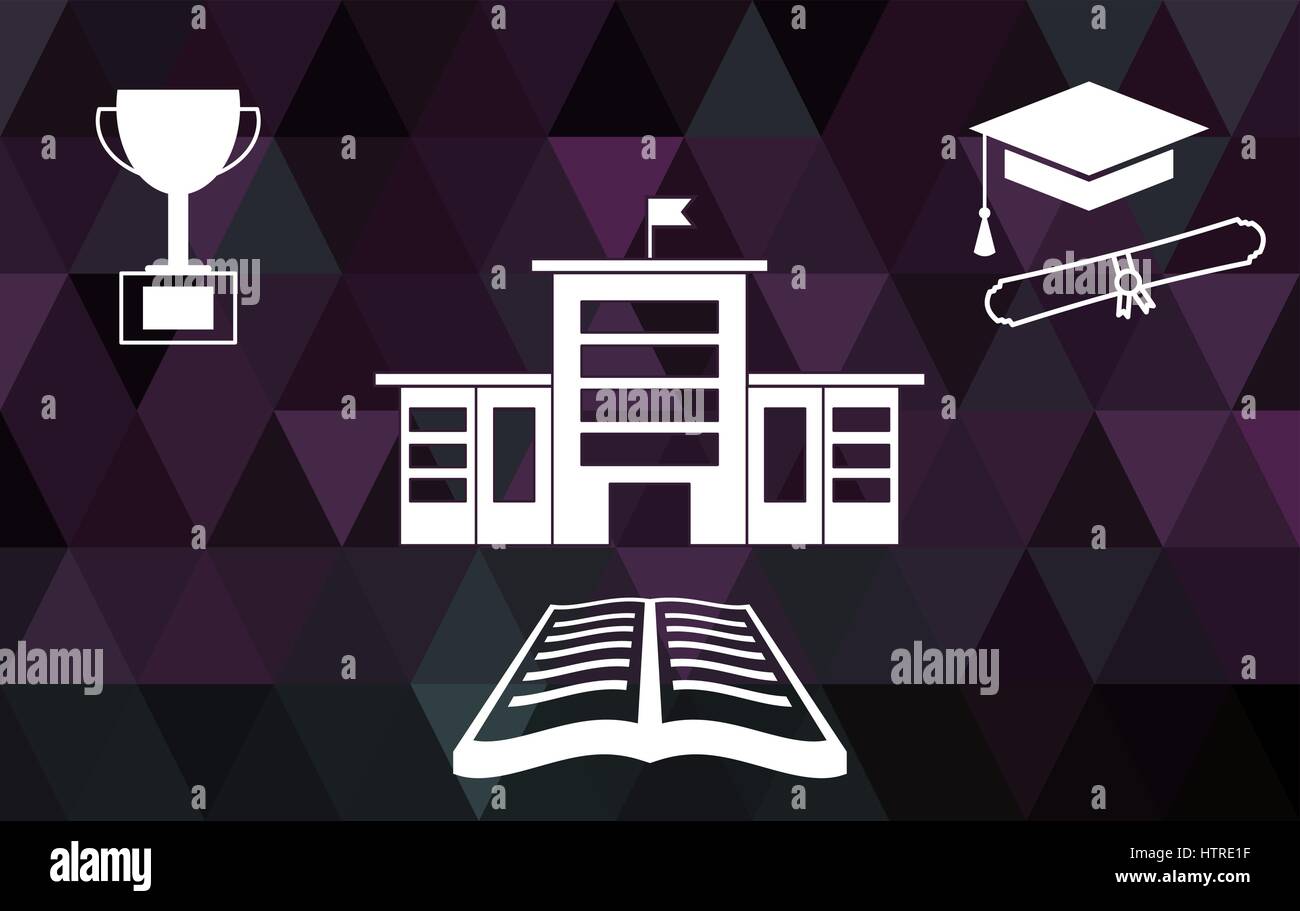 College building with education icons. Book, diploma, cap, trophy cup ...