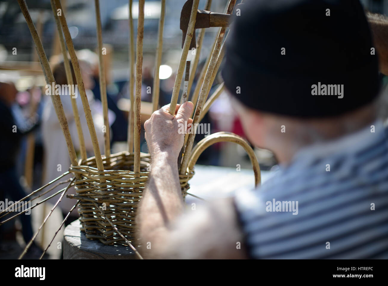 A man makes traditional cornish willow lobster pots called Withy Pots ...