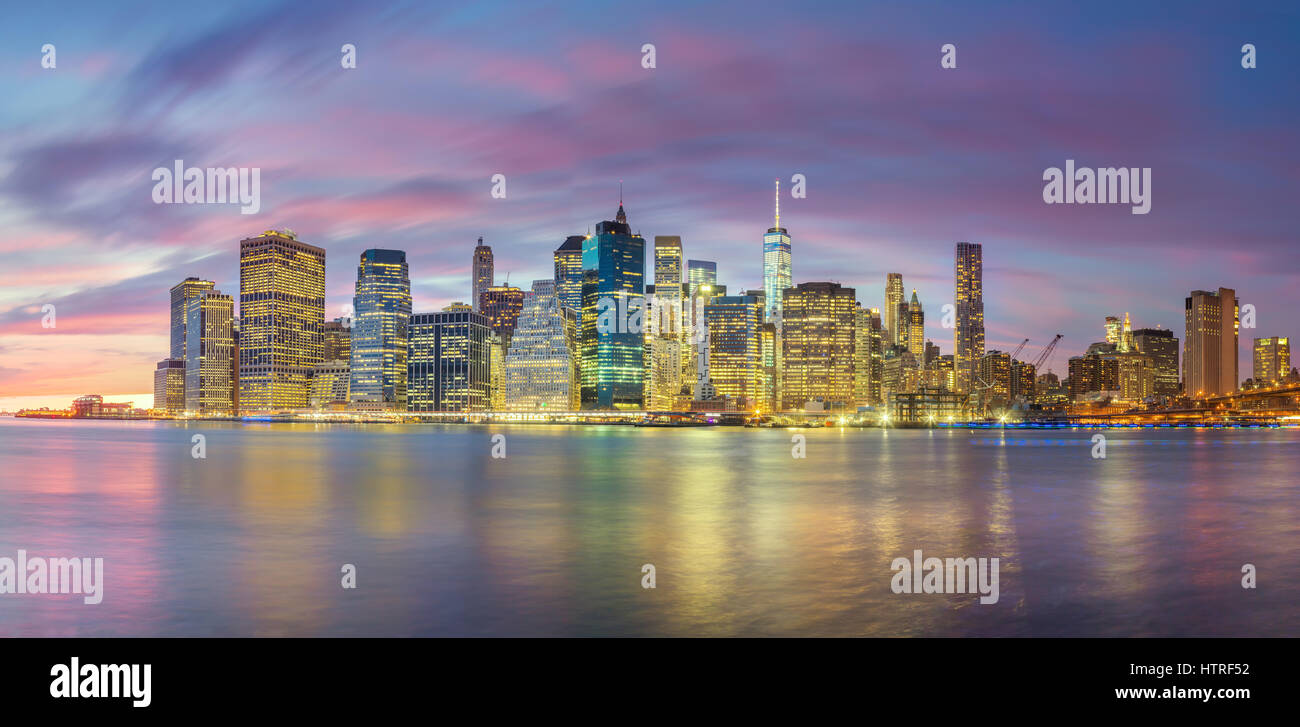 Panoramic view - Evening Lights of Famous Manhattan Skylines, New York ...