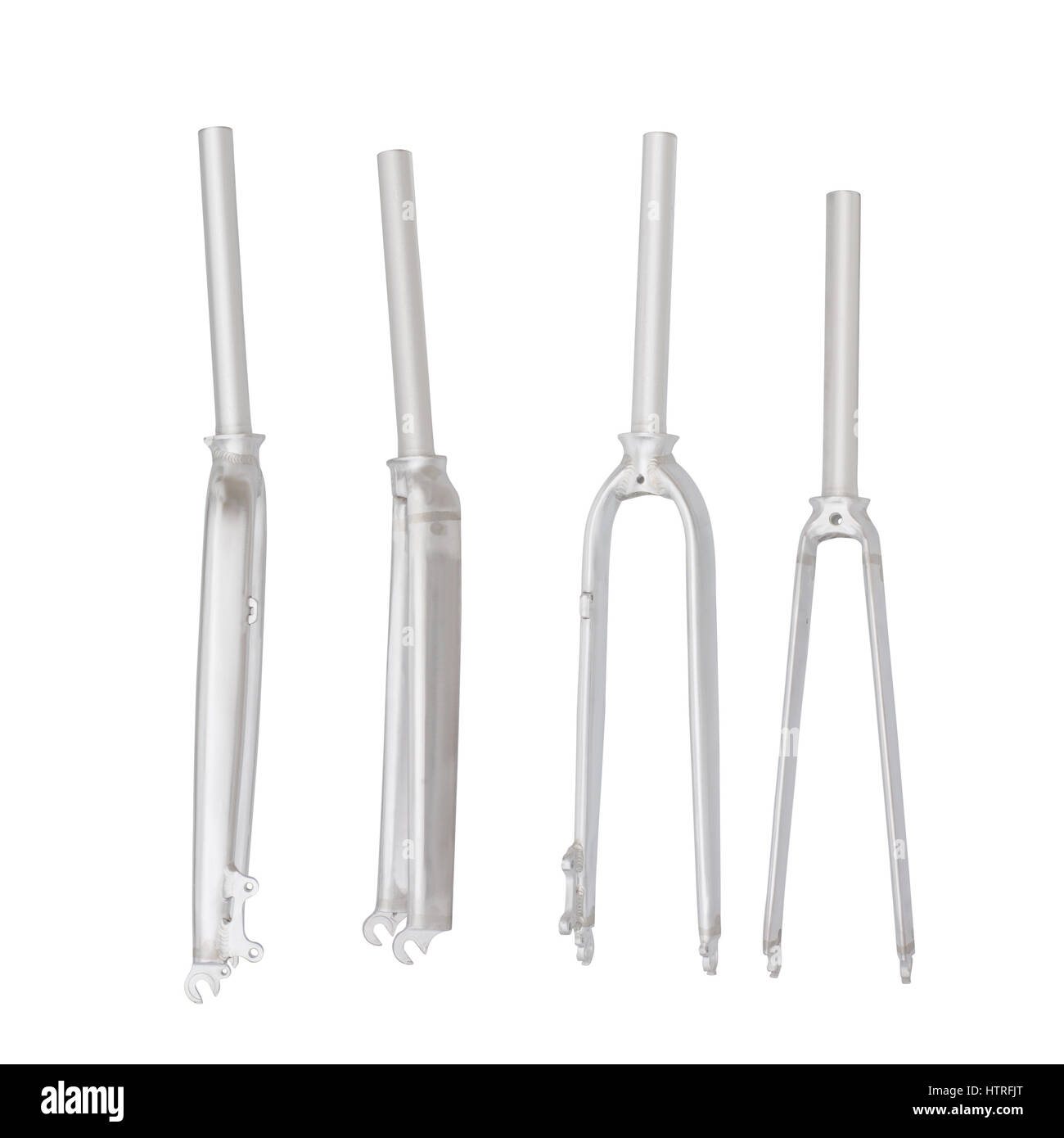 Aluminum unpainted bicycle forks, two views. Isolated on white ...