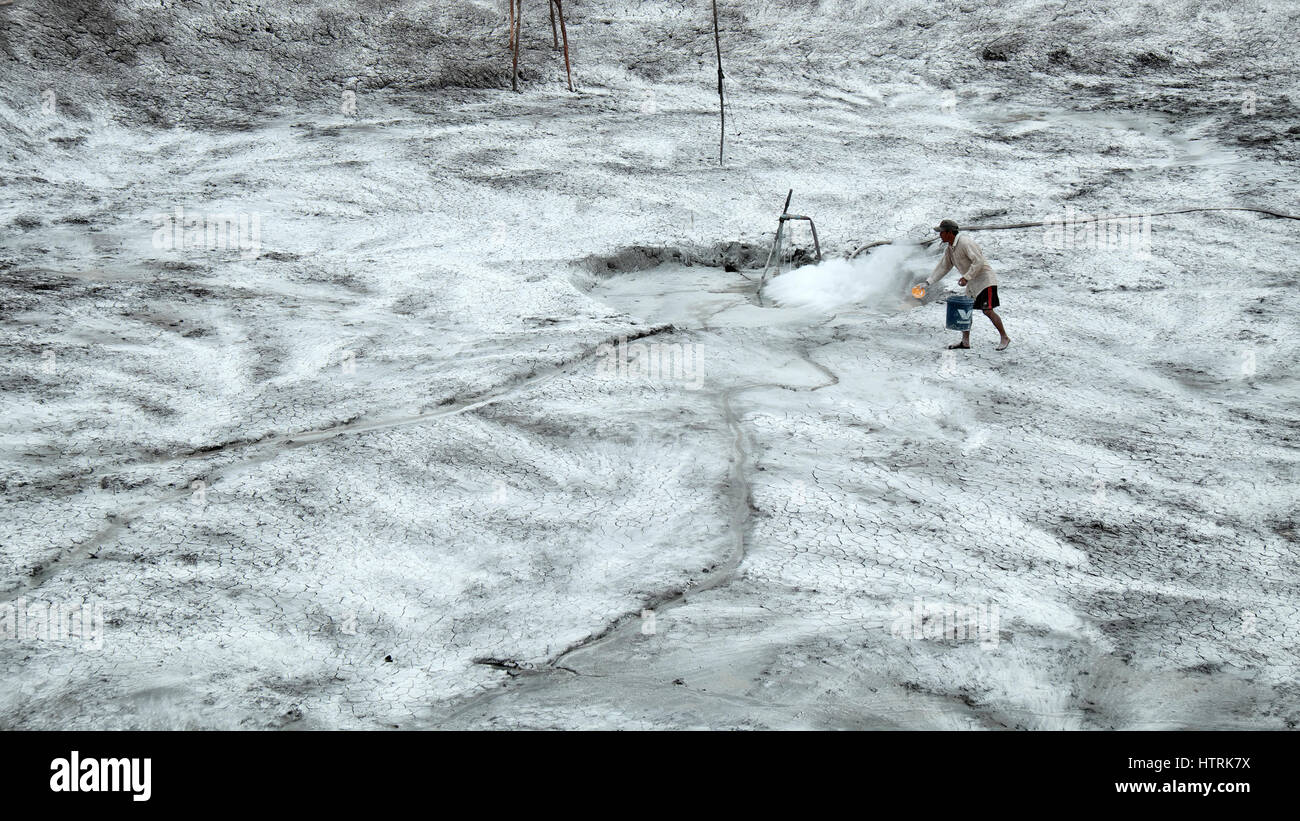 Asian farmer spreading lime powder, antiseptic for shrimp pond, man ...