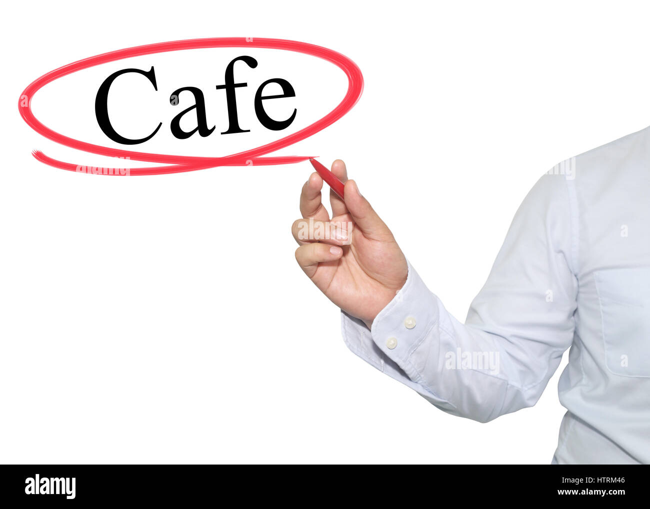 Hand of man write text Cafe with black color isolated on white ...