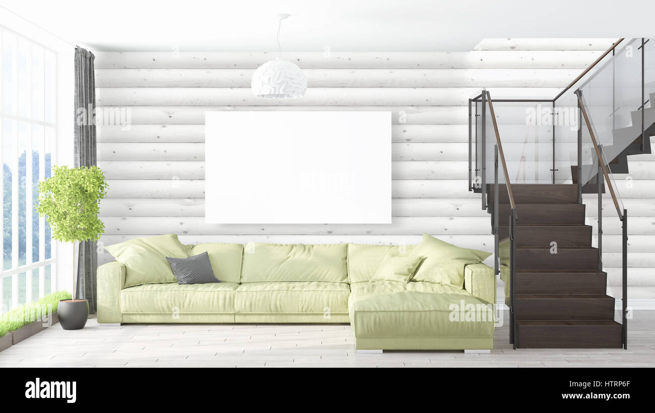 Modern bright interior with empty frame . 3D rendering Stock Photo - Alamy