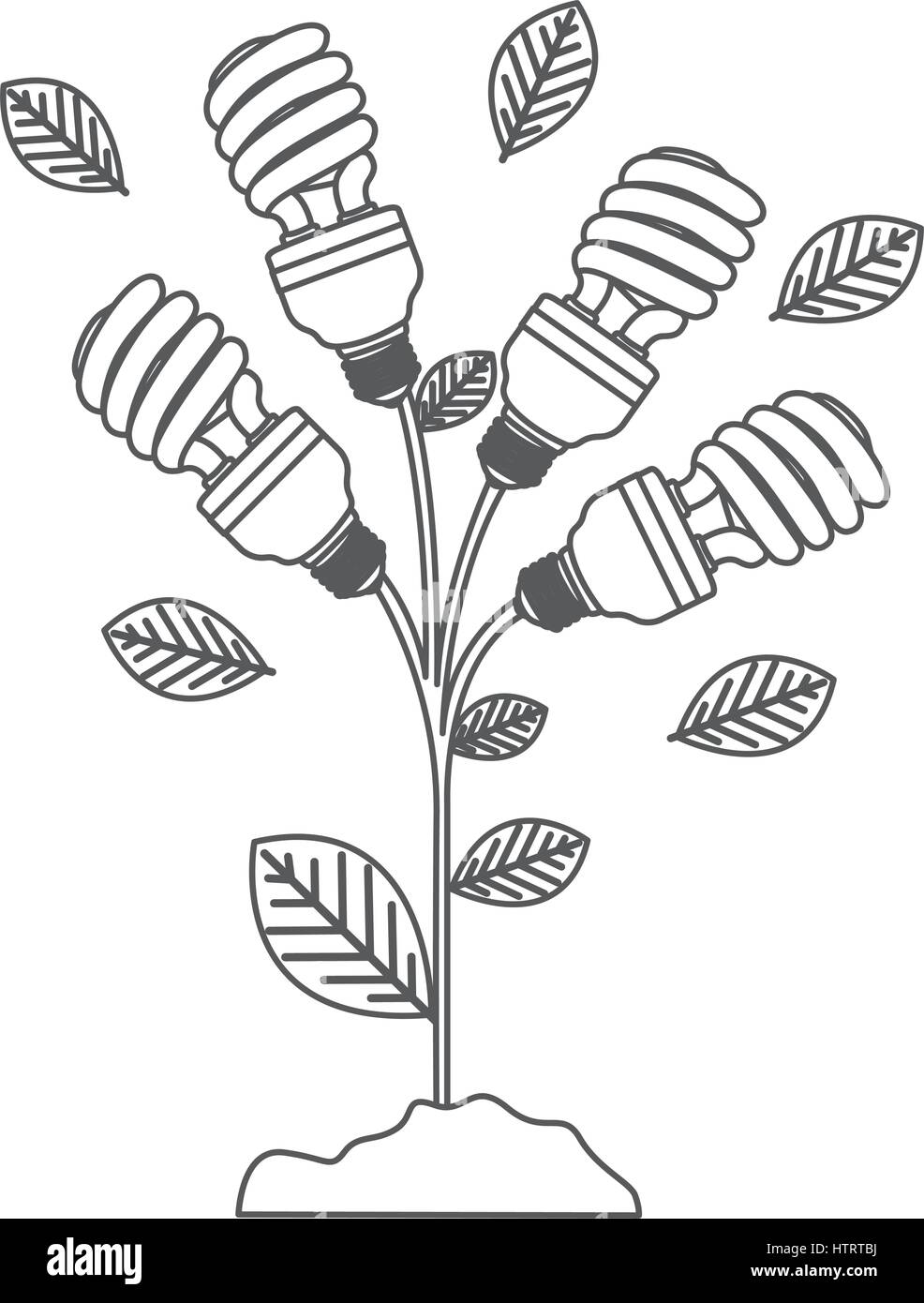 grayscale contour with plant stem with leaves and fluorescent bulbs ...
