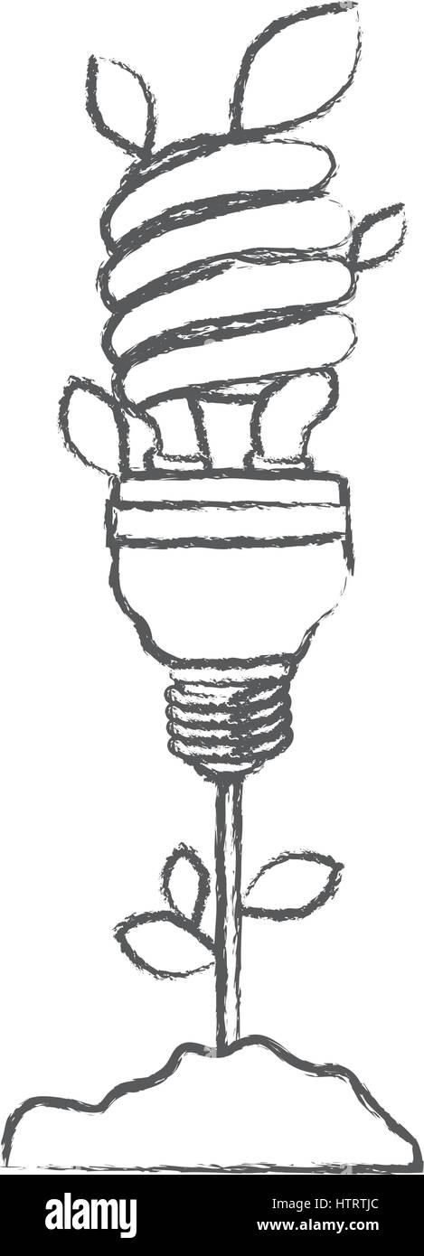 monochrome sketch with plant stem with leaves and fluorescent bulb ...