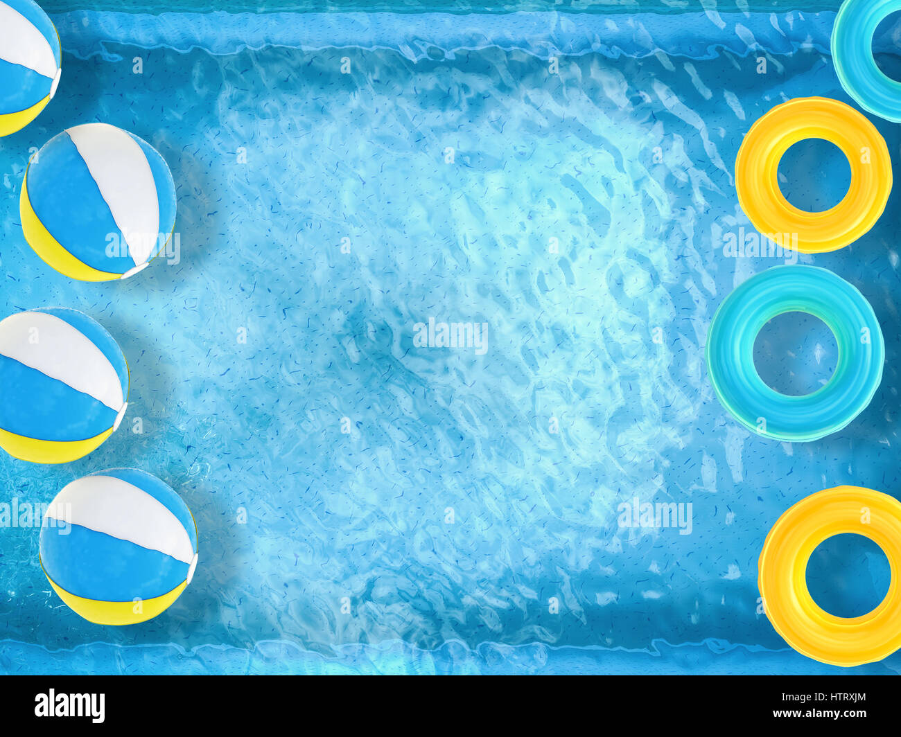 beach balls and swim rings floating on pool top view with blank space ...