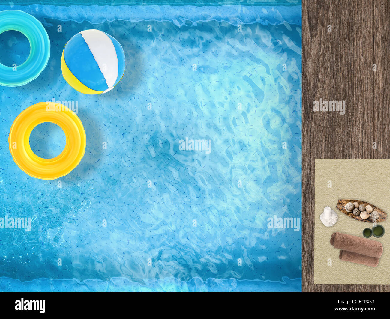 pool side relaxation with swim rings, beach ball on pool and spa ...