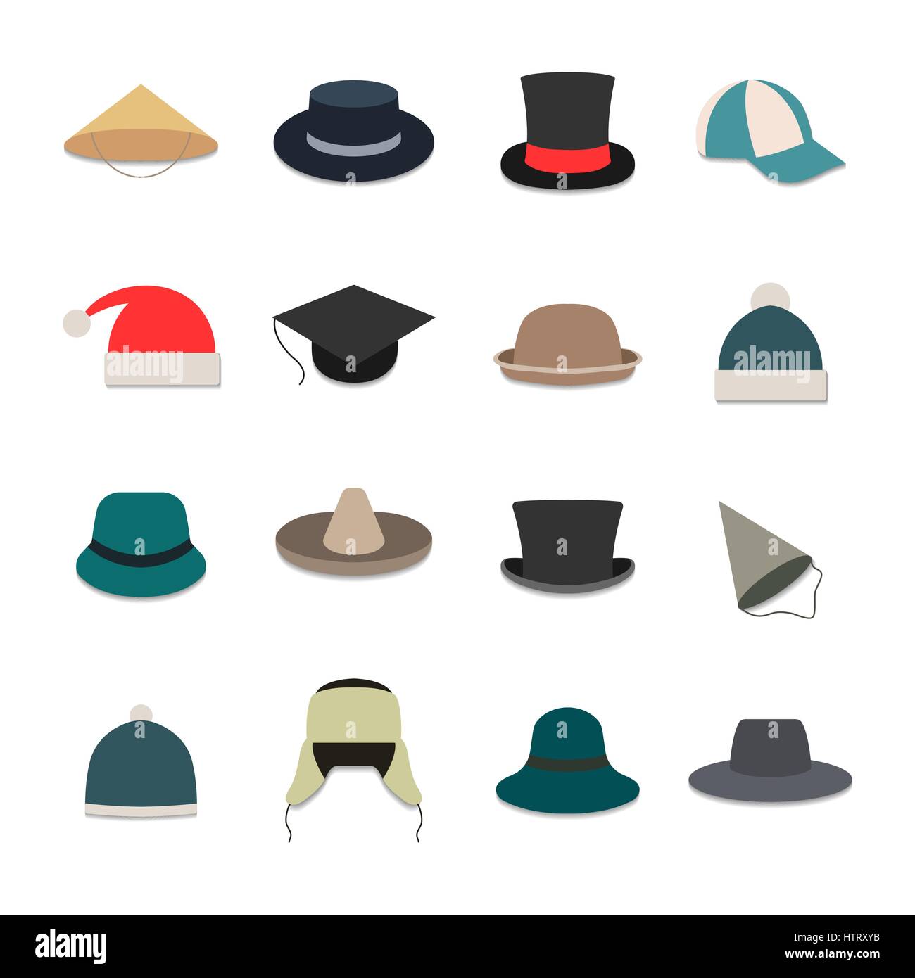 Set of sixteen icons hats isolated on white background, flat style ...