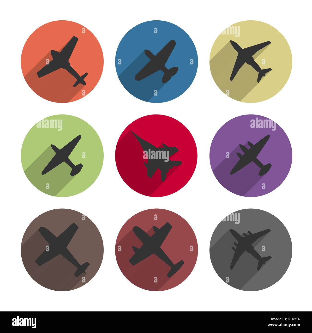 Set of round icons airplanes with a long diagonal shadow, vector ...
