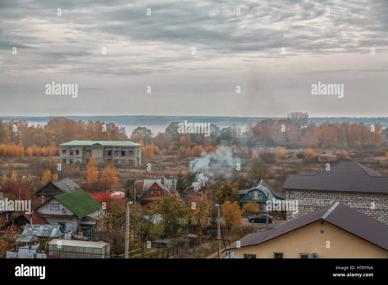 autumn landscape with smoke Stock Photo - Alamy