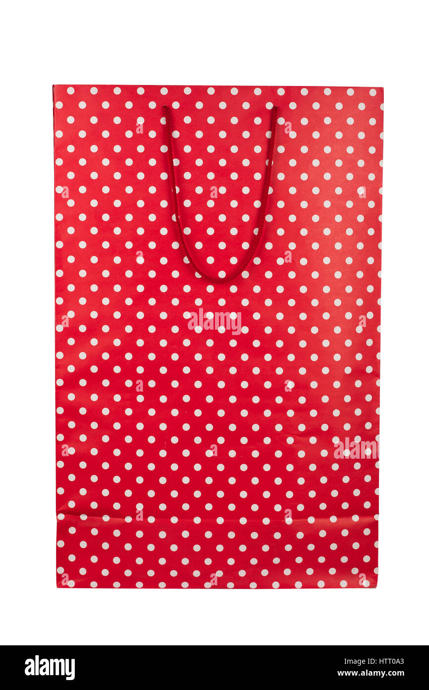 front view of red large shopping bag with polka dots and textile handle ...