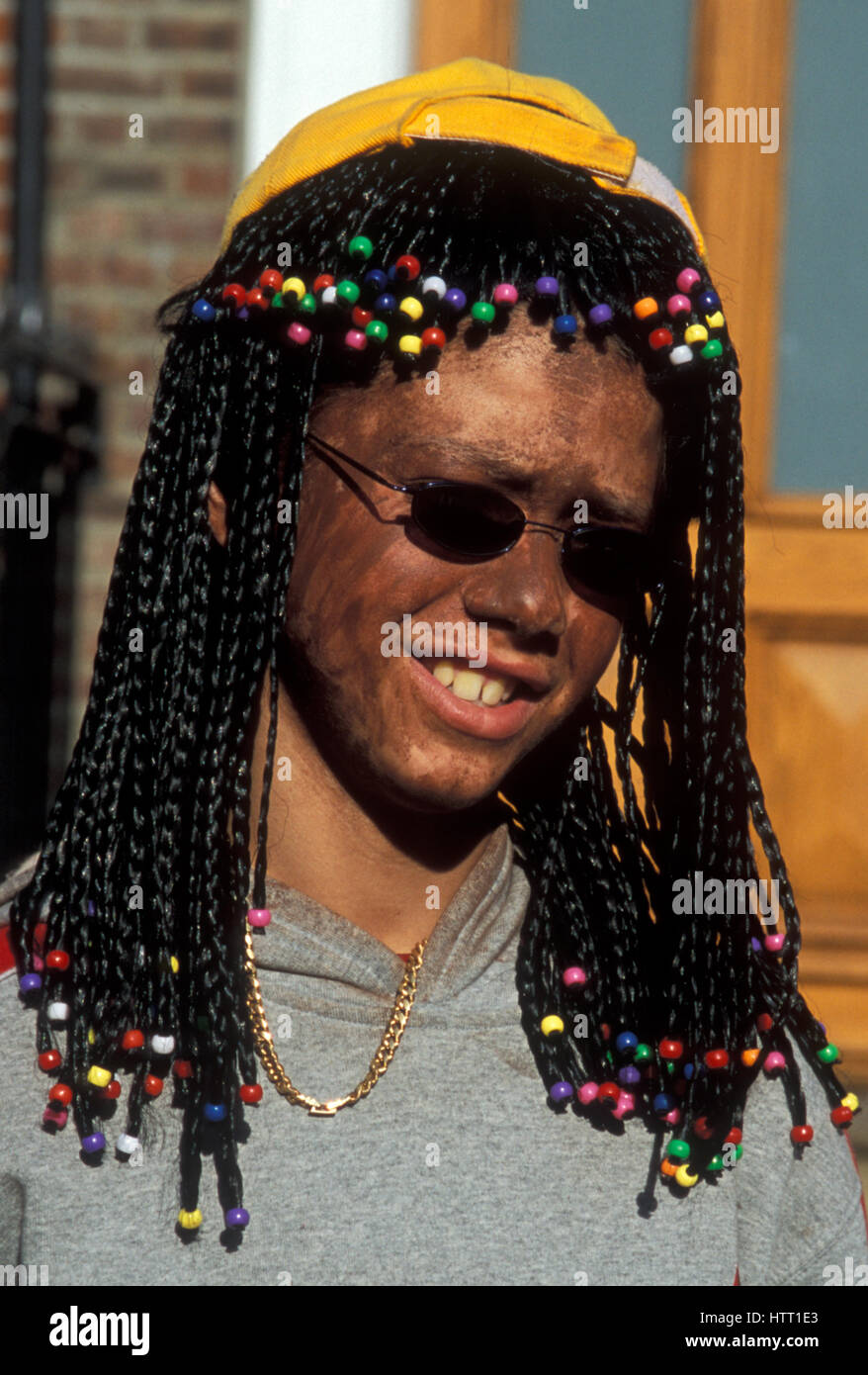 Boy dressed s a Rastafari purim celebrations Stamford Hill North London ...