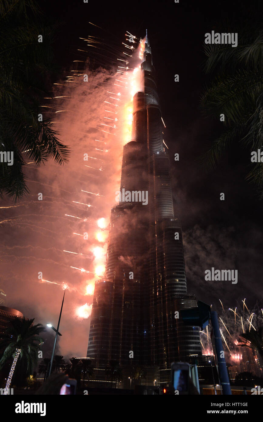Firework display. Burj Khalifa. New Year's Eve Dec 31st 2016 Dubai, UAE ...