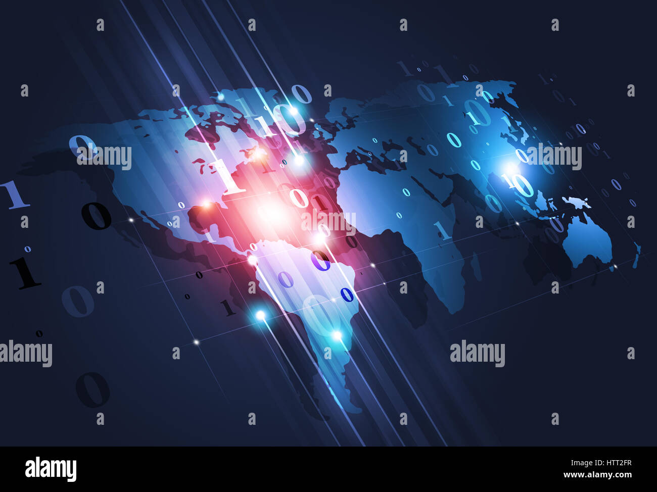 abstract technology binary code and world map blue background Stock ...