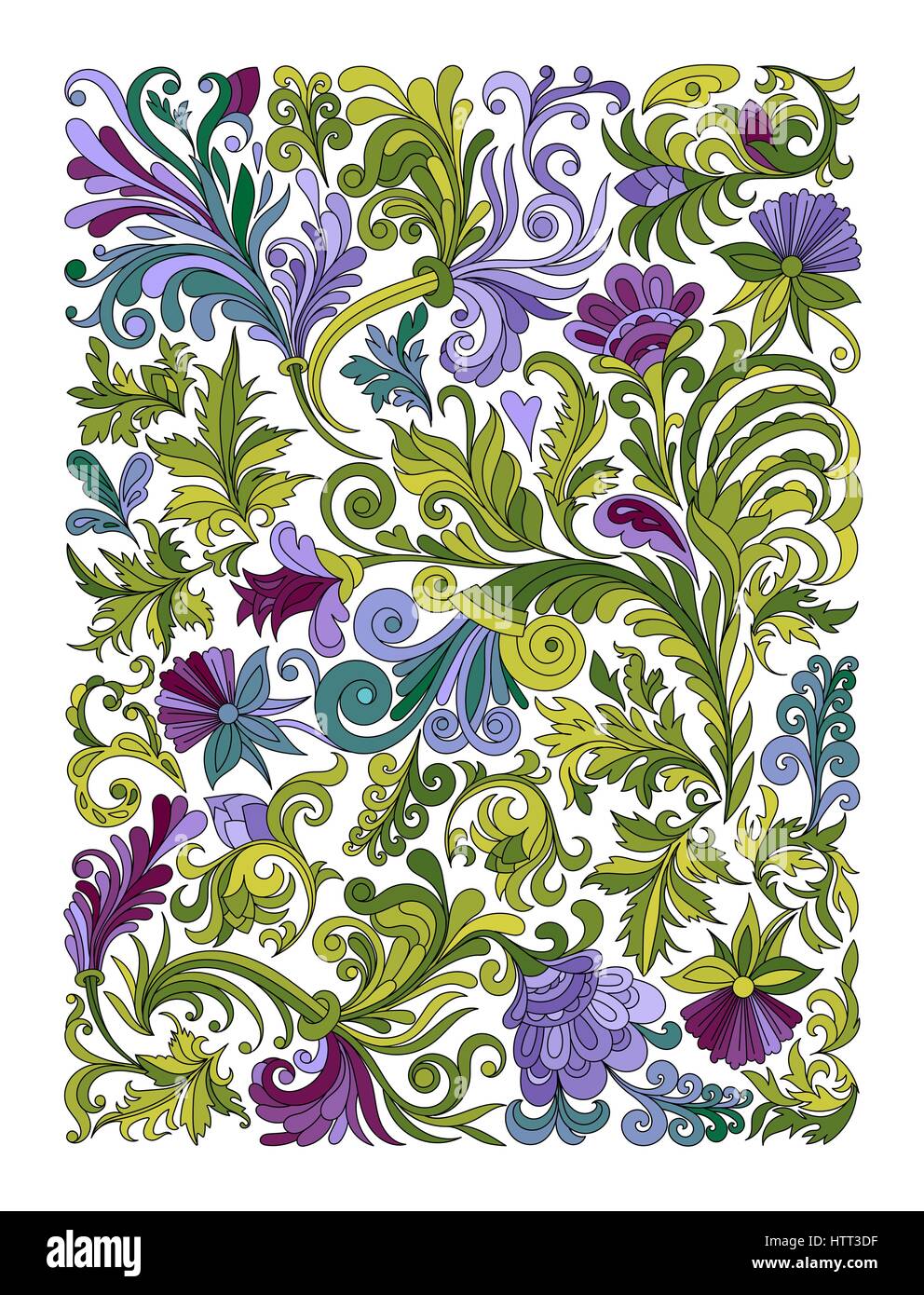 Ethnic colored floral zentangle, doodle background pattern rectangle in ...