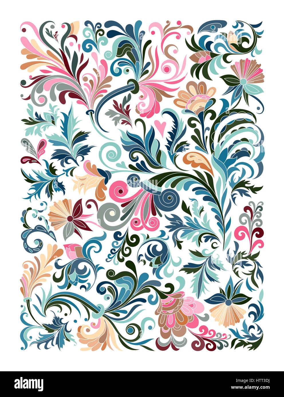 Ethnic colored floral zentangle, doodle background pattern rectangle in ...