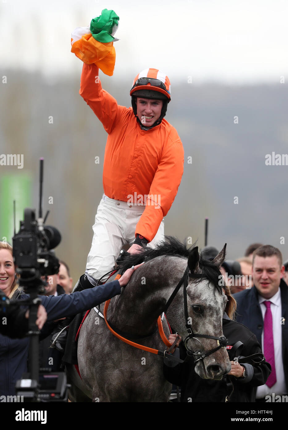 Jockey Jack Kennedy on board Labaik (centre) celebrates winning the 13: ...