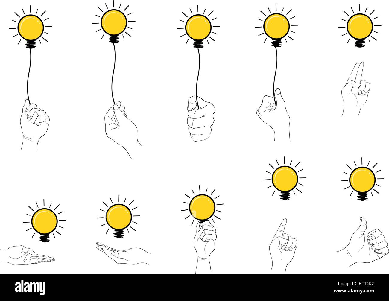 Hand Drawn Sketch Set of Hand Holding Glowing Yellow Electric Light ...