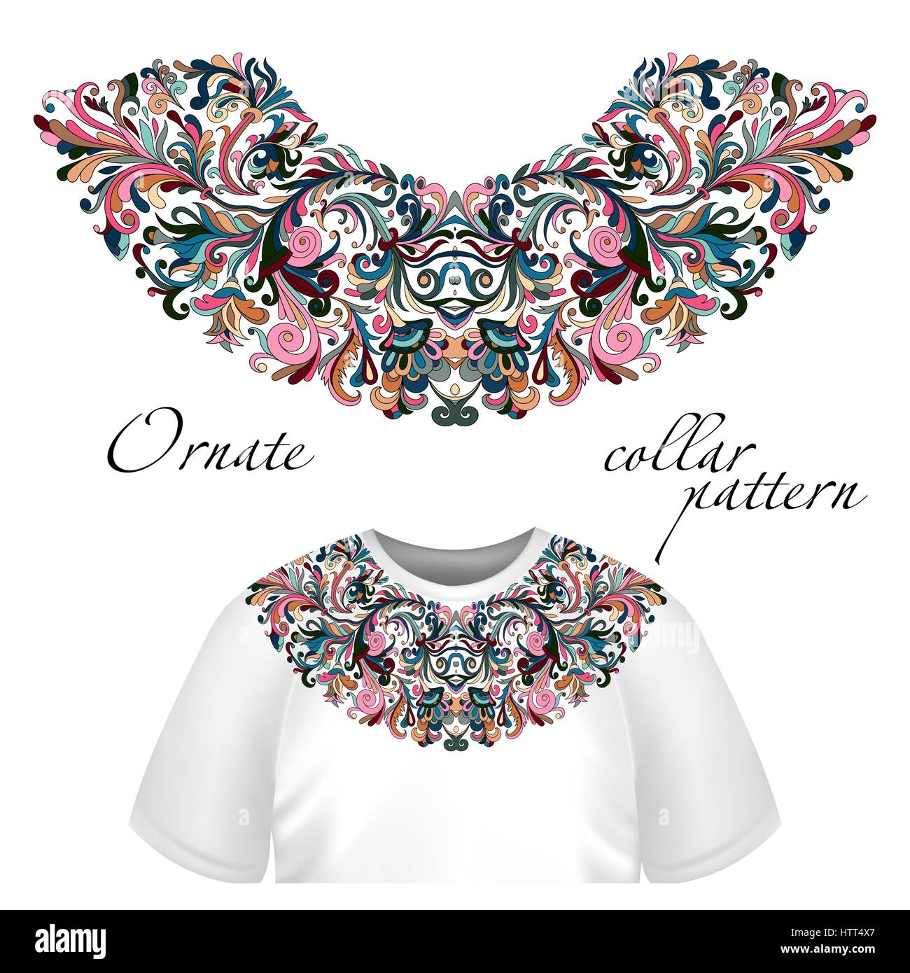 Vector design for collar t-shirts and blouses. Colorful ethnic flowers ...