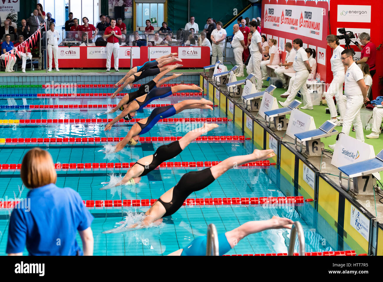 Female swimmer during start of race hi-res stock photography and images ...