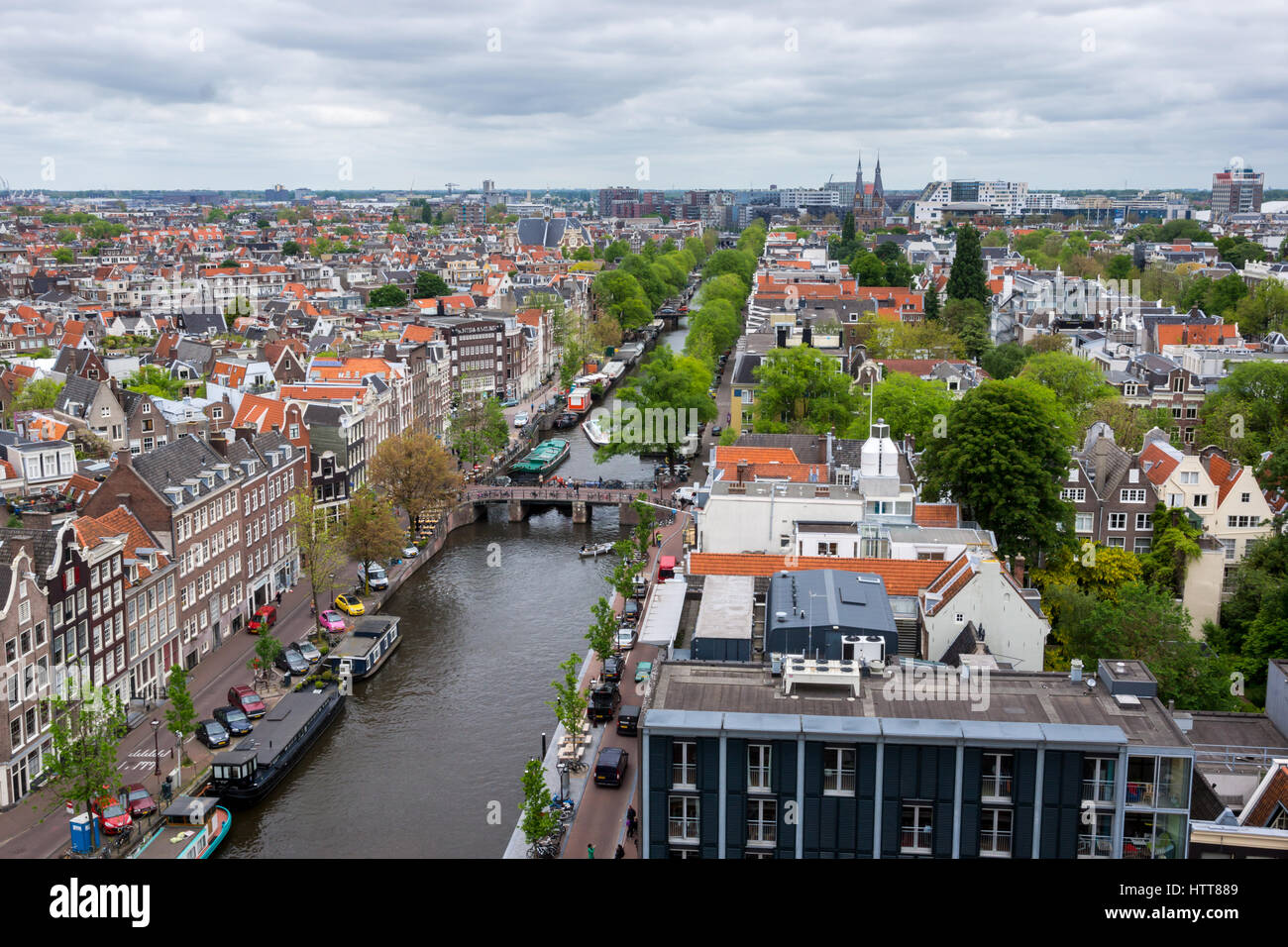 Amsterdam city, The Netherlands, from above with tree lined canal ...