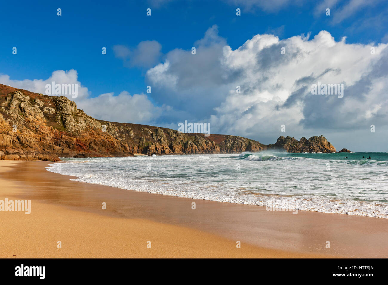 Looking at Logan Rock from Porthcurno Beach. 28th February 2017. Dark ...