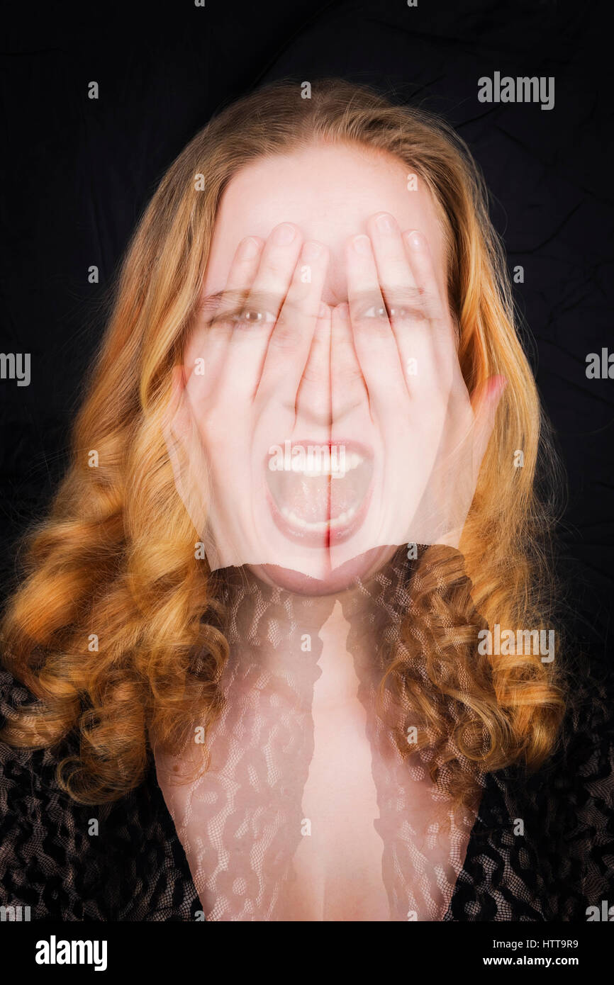 Surreal portrait of the young woman, the face is shining through the ...