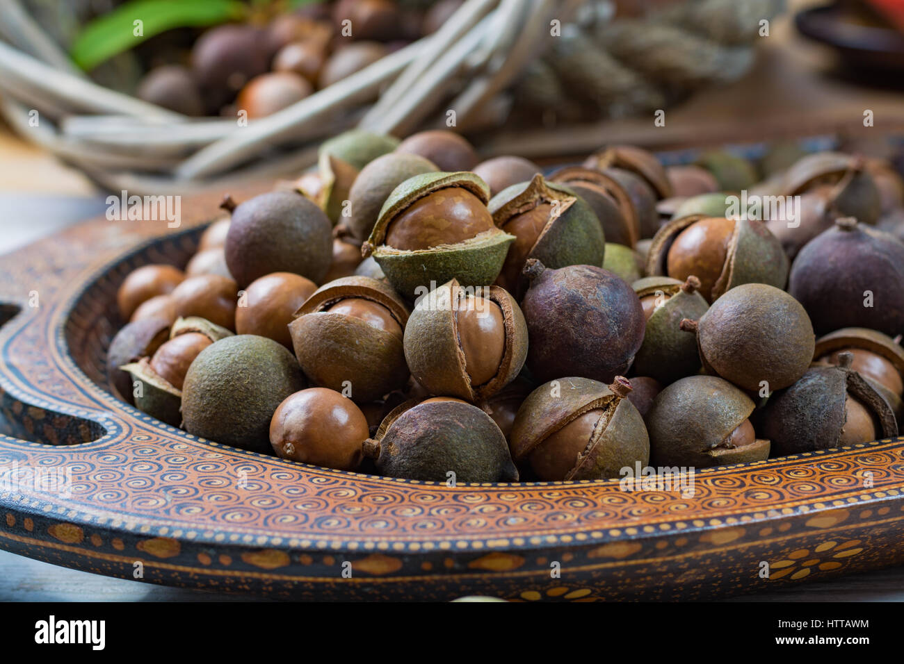 Macadamia nuts harvest close up with leaves Stock Photo - Alamy