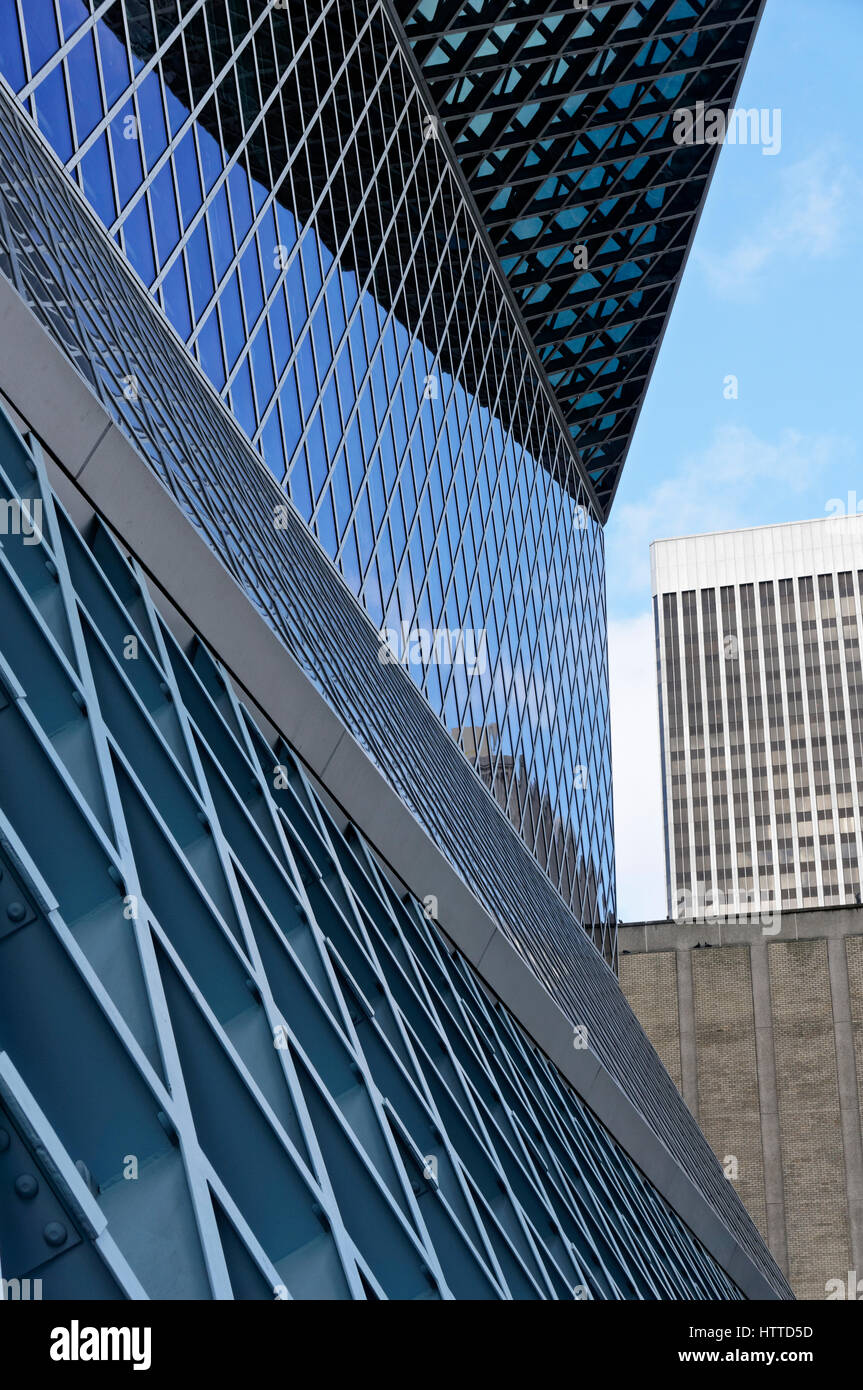 Architectural detail of the glass and steel Seattle Central Library ...