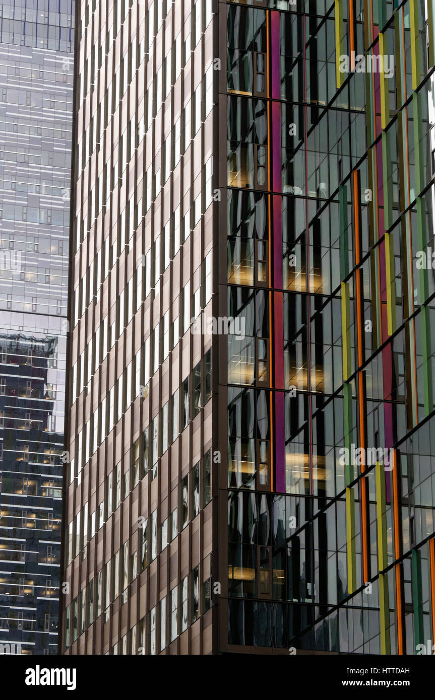 Close-up of glass and steel facades of skyscrapers in downtown Seattle ...