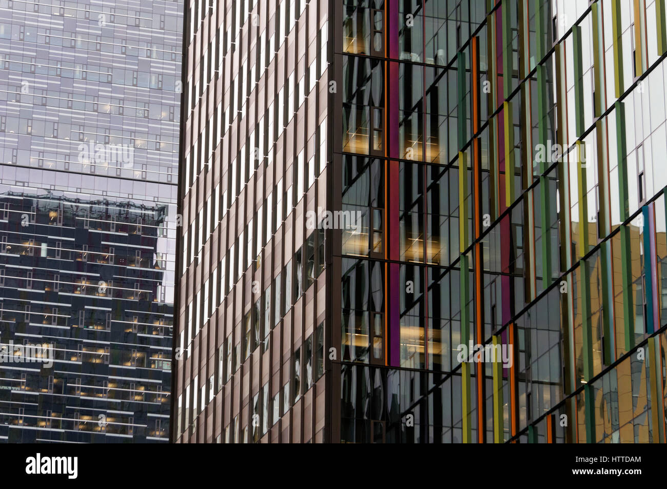 Close-up of glass and steel facades of skyscrapers in downtown Seattle ...