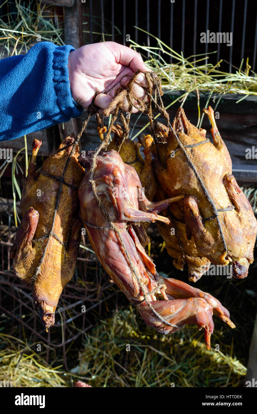 Hand holding a bunch carcass smoked meat (duck, rabbit) at home ...