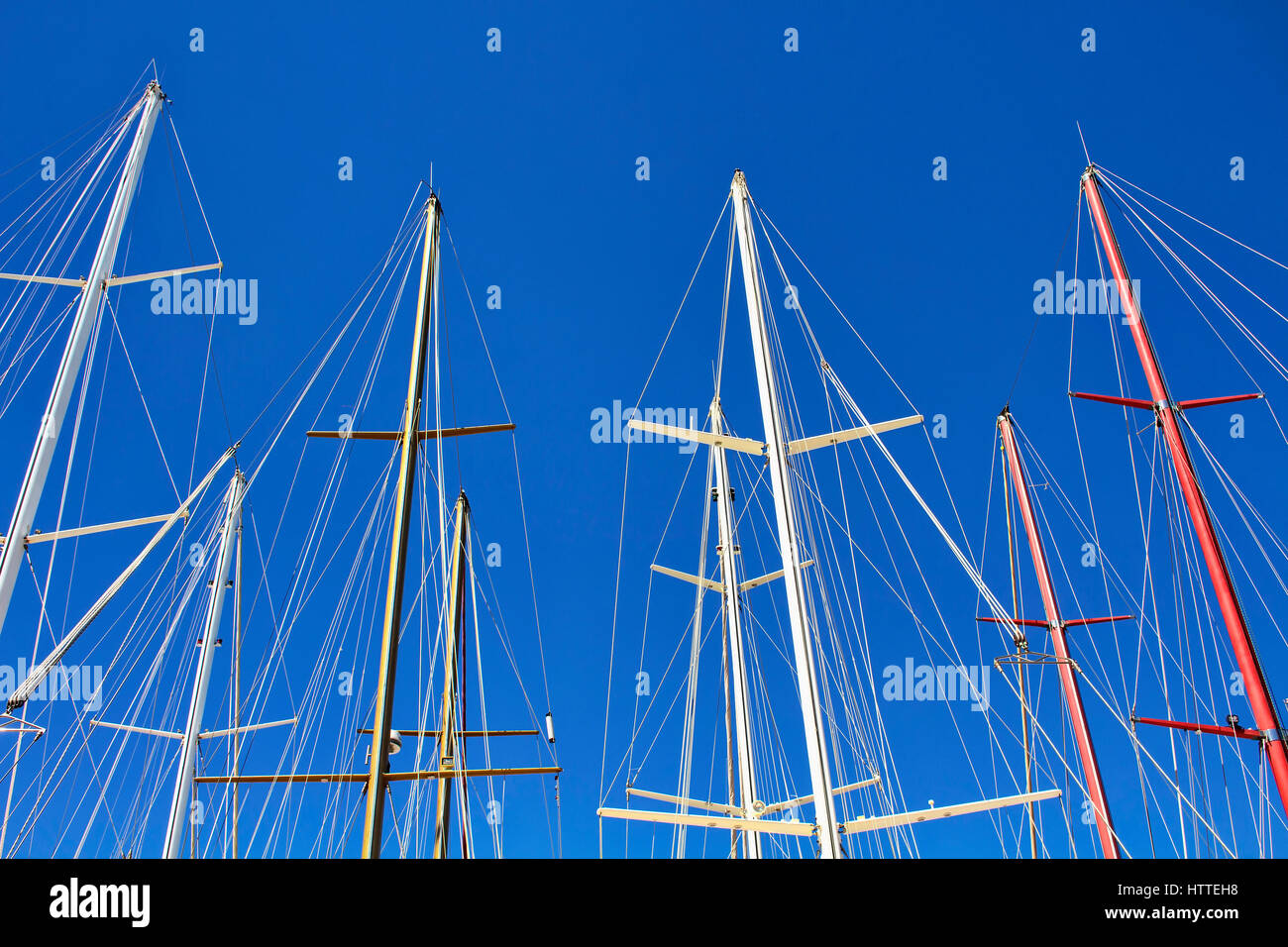 Bottom view of masts of yachts and sail boats with clear blue sky ...