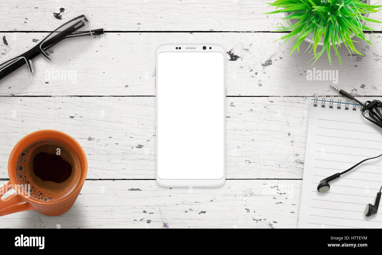 Smart phone with curved edges and rounded screen mockup. Top view of ...