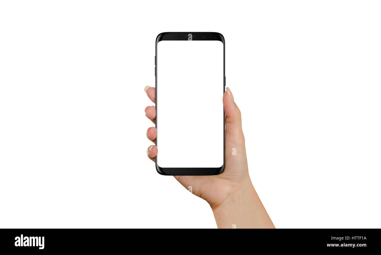 Isolated mobile phone in woman hand. Moder design with round screen ...