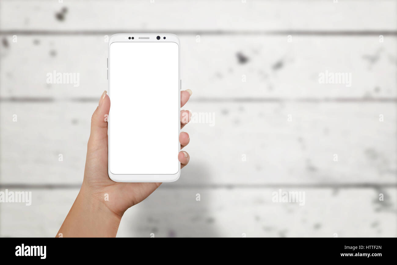 Woman showing smart phone with round edges. Moder phone with isolated ...