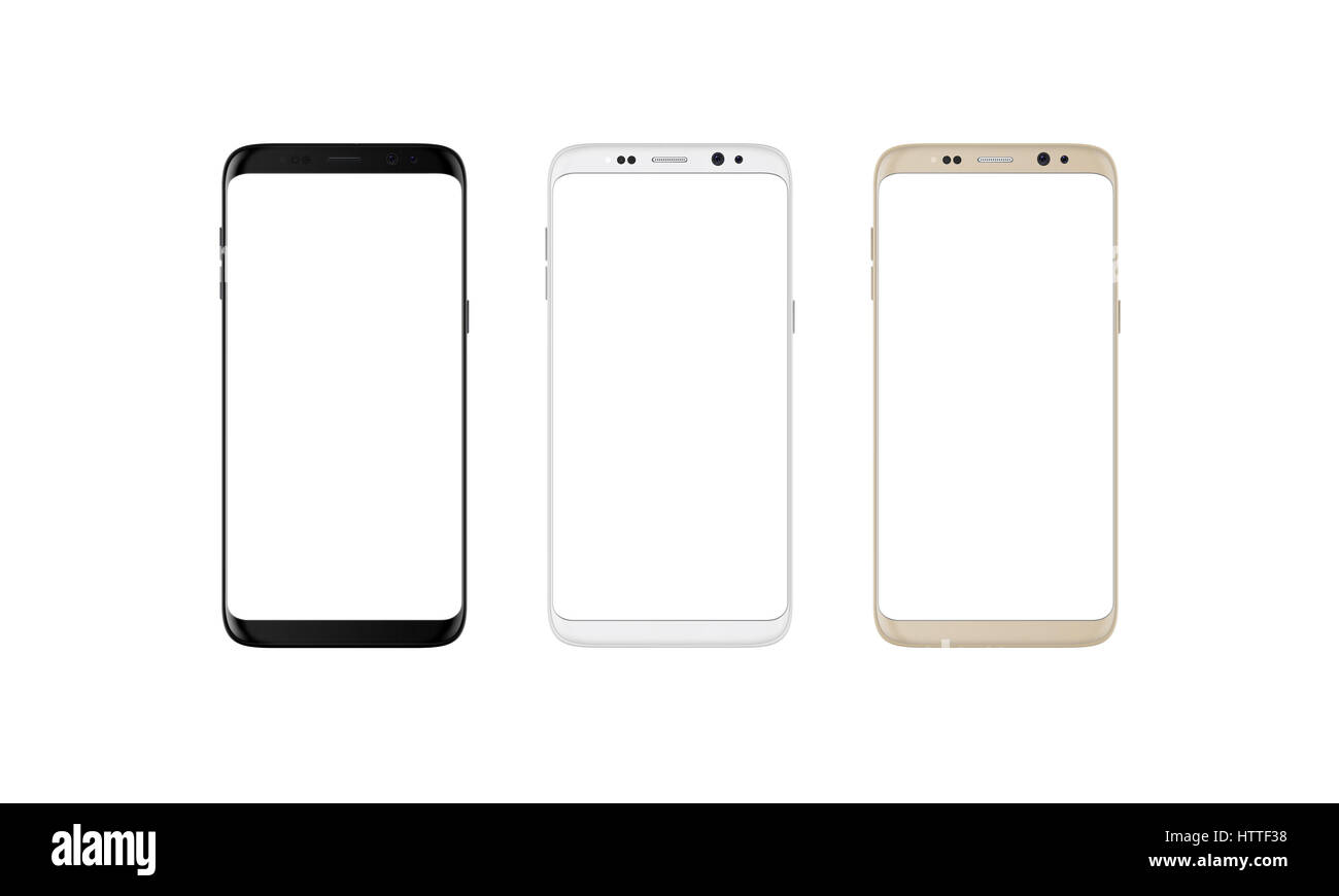 Modern smart phone with round edges in black, silver and gold color ...