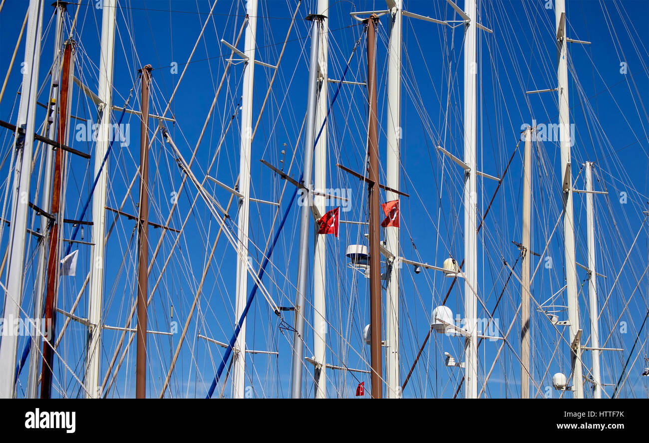 Bottom view of masts of yachts and sail boats with clear blue sky ...