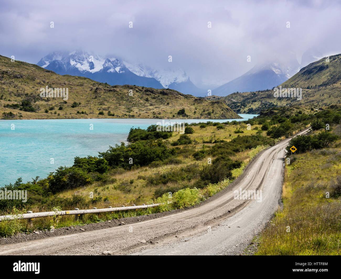 Road along lake Lago el Toro, Paine Horns in the background, Torres del ...