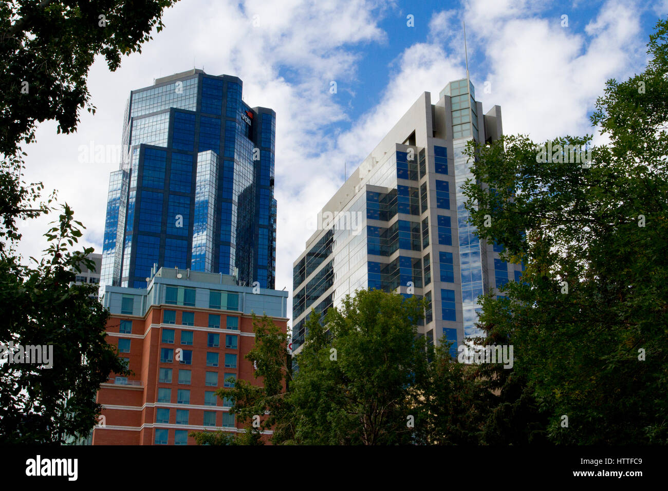 Office buildings in Calgary city centre from Prince’s Island Park ...