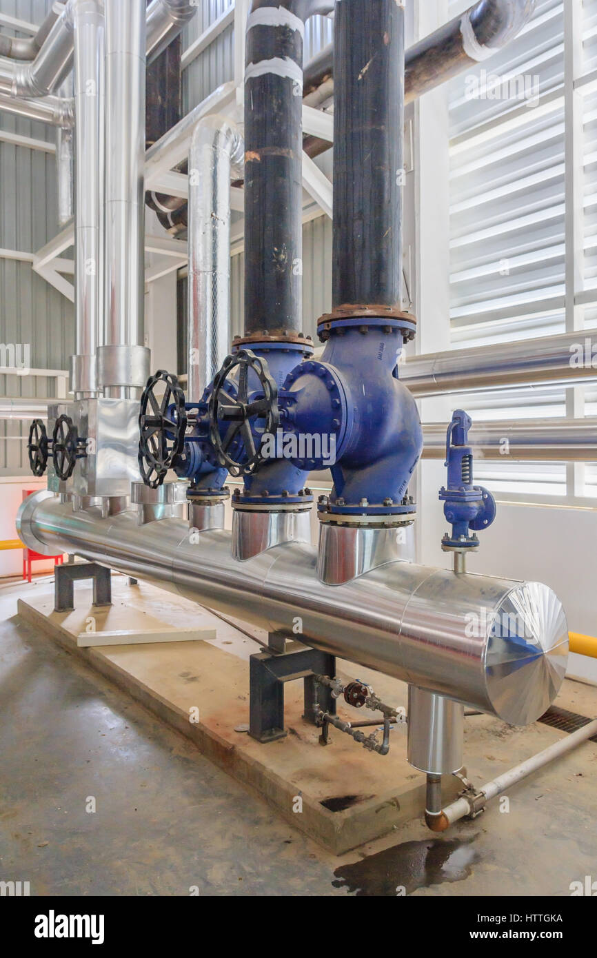 interior of industrial gas boiler room with multiple pumps and piping ...