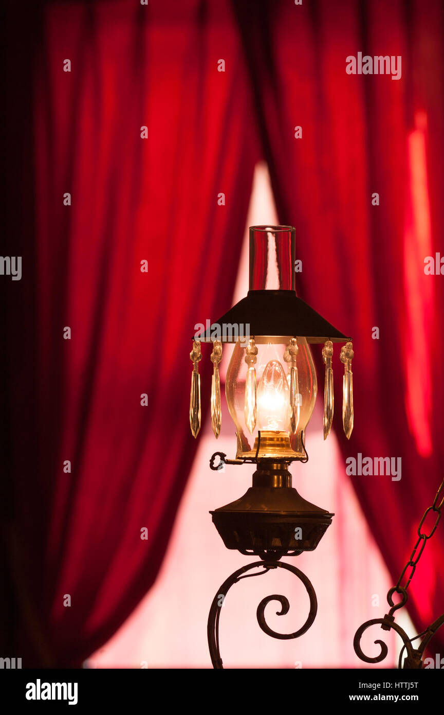Historic Western saloon interior with red lantern in historic town ...