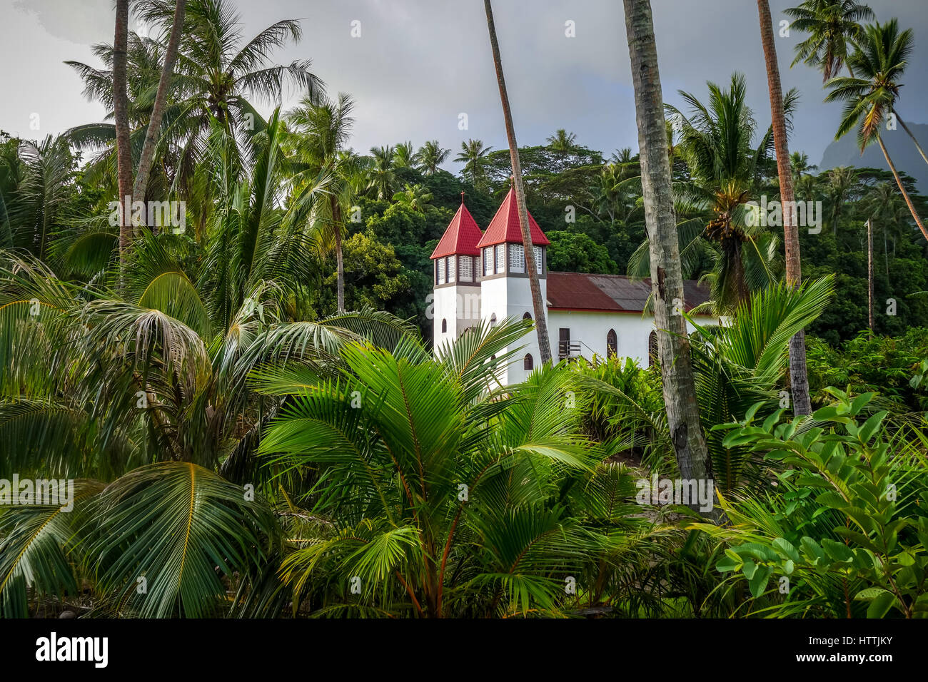 Haapiti church in Moorea island jungle, landscape. French Polynesia ...