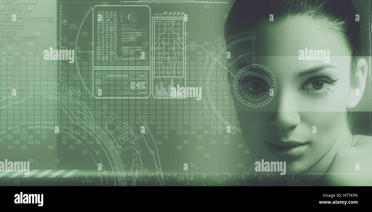 Abstract science and technology background with human face and graphs ...