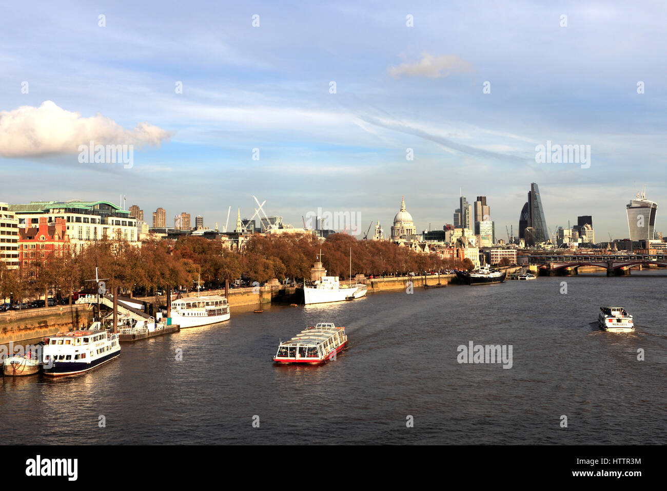 Skyline view of buildings on the North Bank of the river Thames, London ...