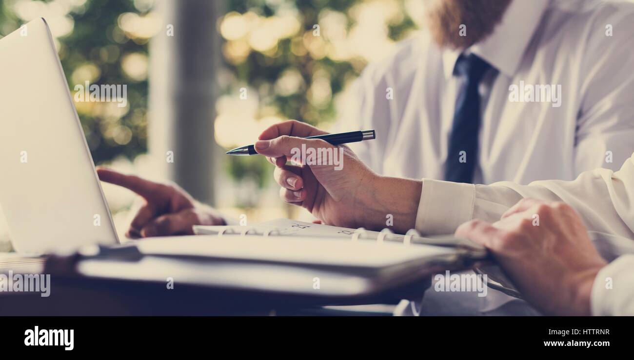 Businesspeople Work Hands Pointing Laptop Monitor Stock Photo - Alamy