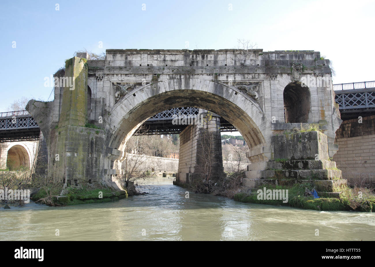 Ponte Rotto ancient destroyed bridge from the Tiber Island, Rome, Italy ...