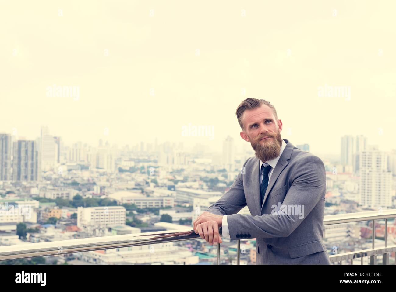 Caucasian Business Man Standing Railings City View Stock Photo - Alamy