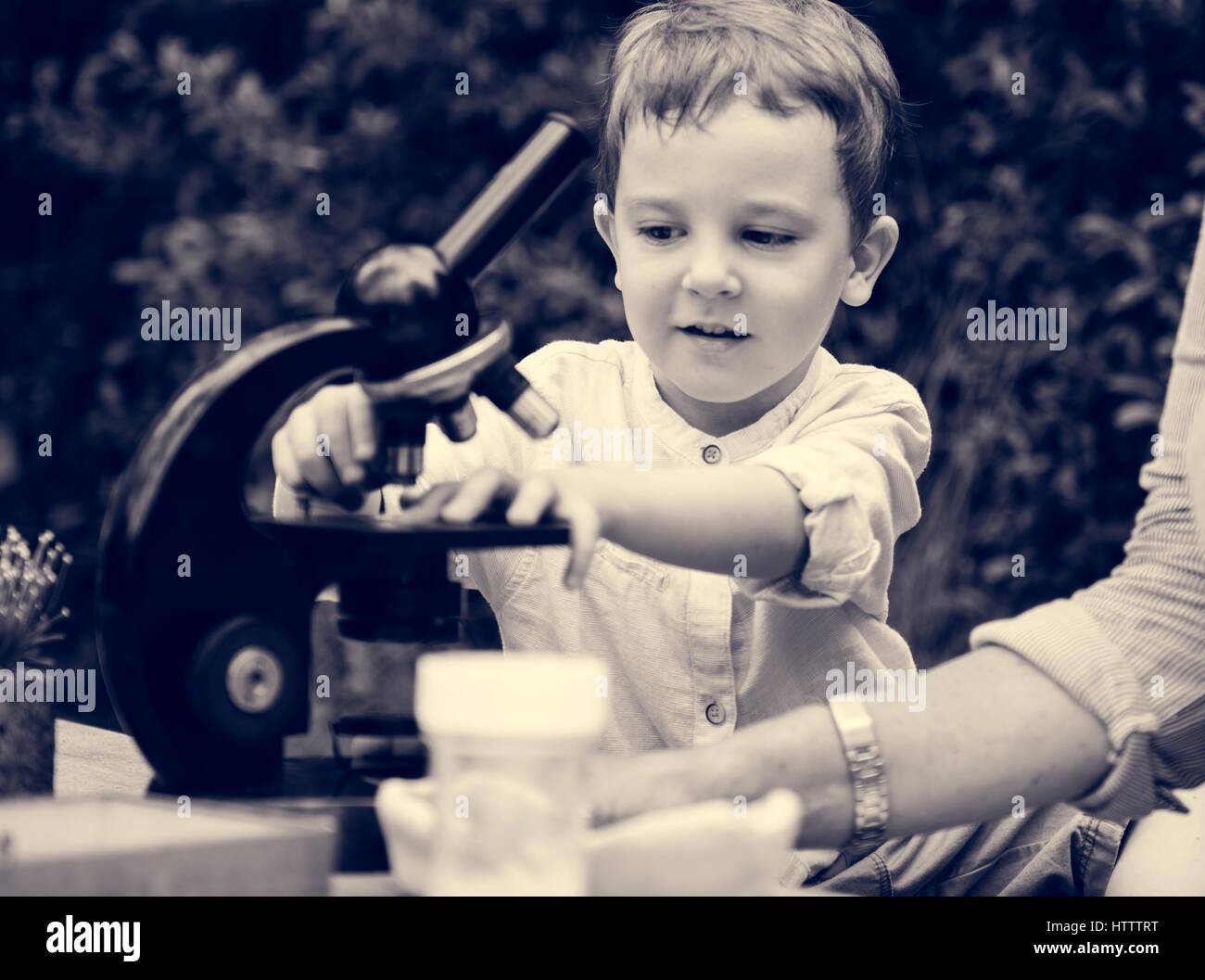 Little Kid Experimenting Science Microscope Stock Photo - Alamy