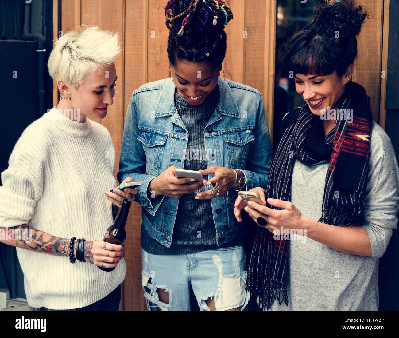 Women Use Mobile Phone Connection Social Network Stock Photo - Alamy